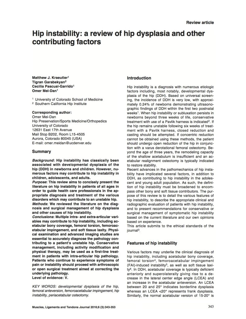 Hip Instability: A Review of Hip Dysplasia and Other Contributing Factors